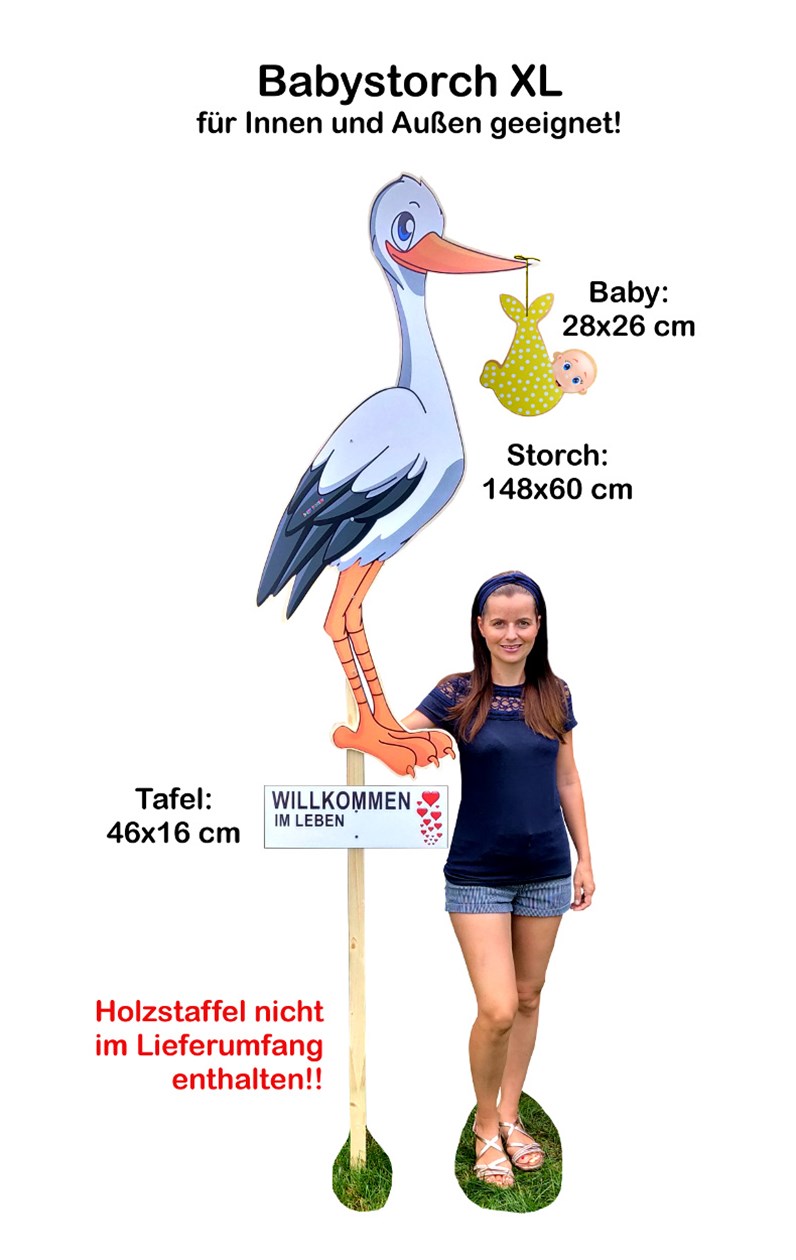 150 cm XL Baby Storch riesig, groß aus Holz zur Geburt